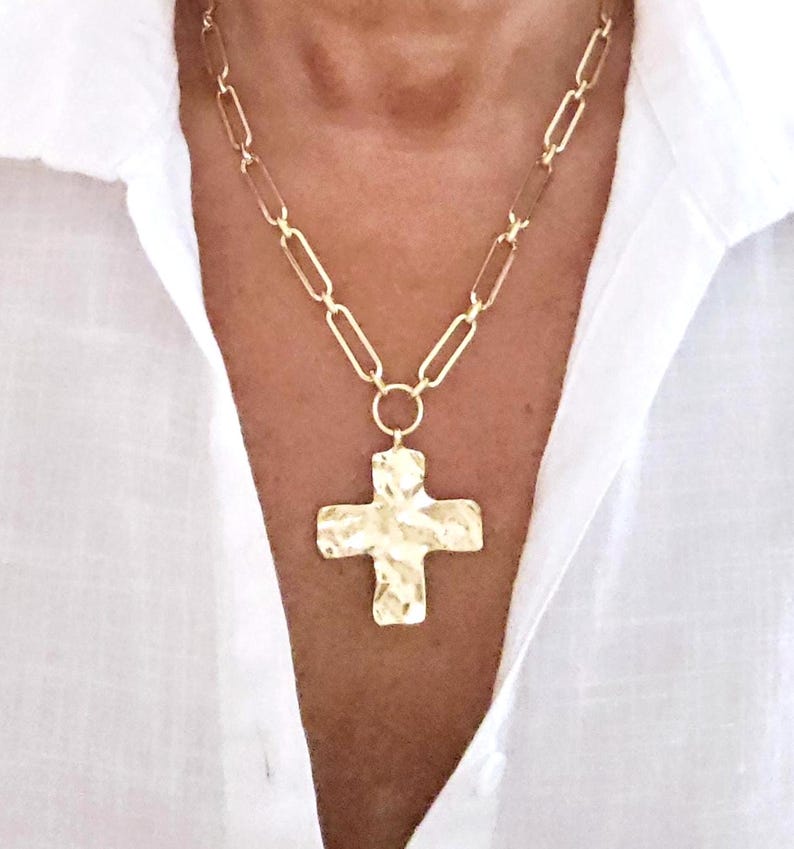 Large Gold Hammered Cross Necklace Paperclip Chain Modern Christian ...
