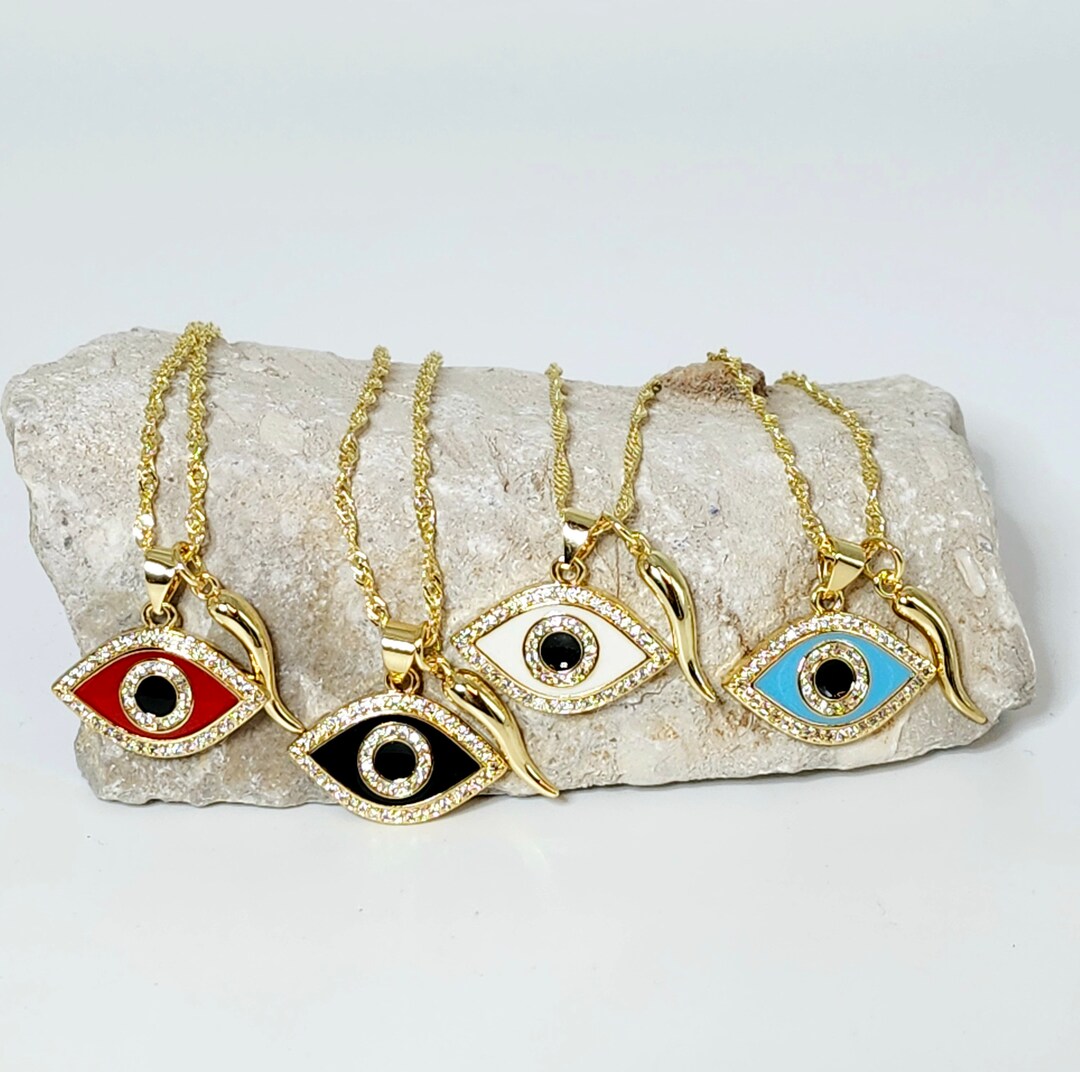 Good Luck Evil Eye Italian Horn Charm Necklace Cubic Zirconia Colorful ...