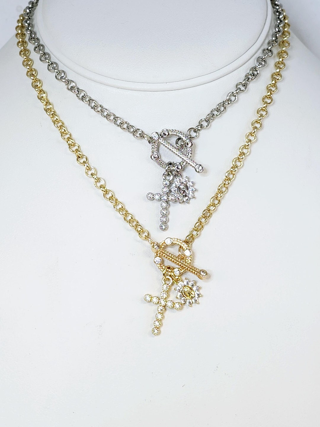 Dainty Catholic Cross Virgin Mary Miraculous Medal Toggle Charm ...