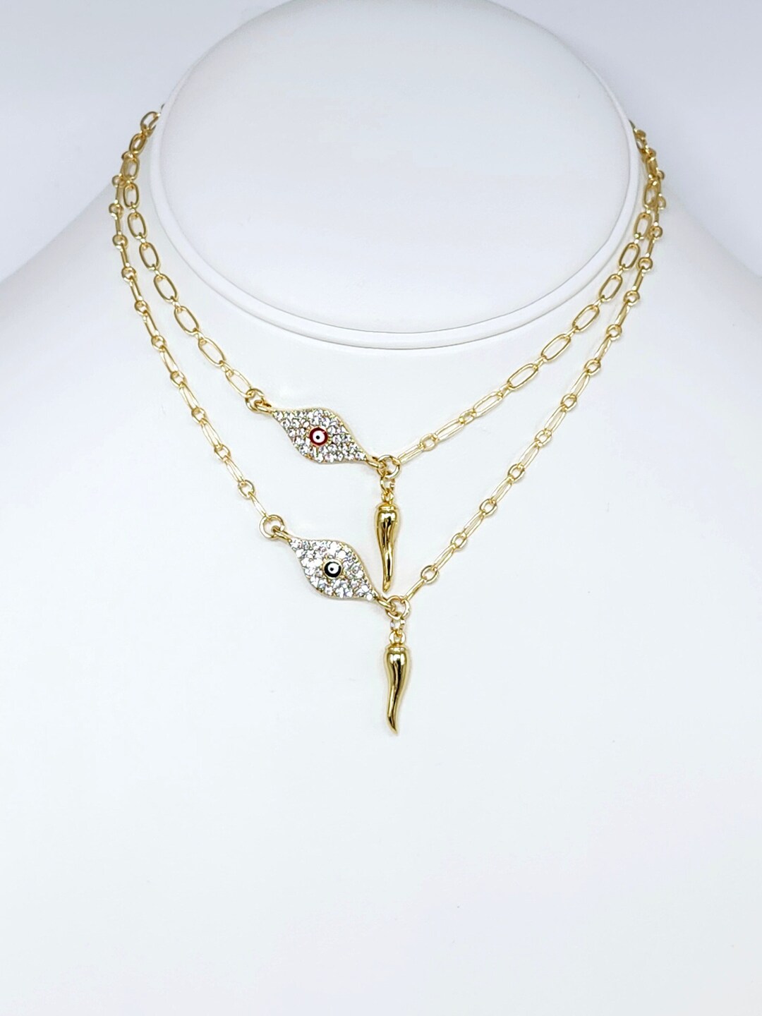 Dainty Italian Cornicello/corno Horn CZ Bling Evil Eye Necklace Luck ...