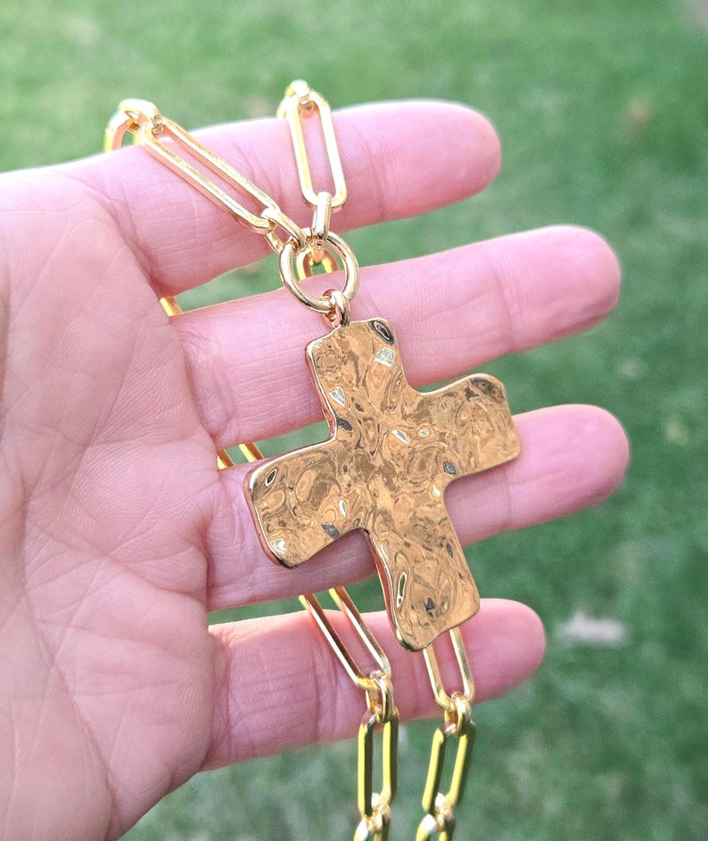 Large Gold Hammered Cross Necklace Paperclip Chain Modern Christian ...