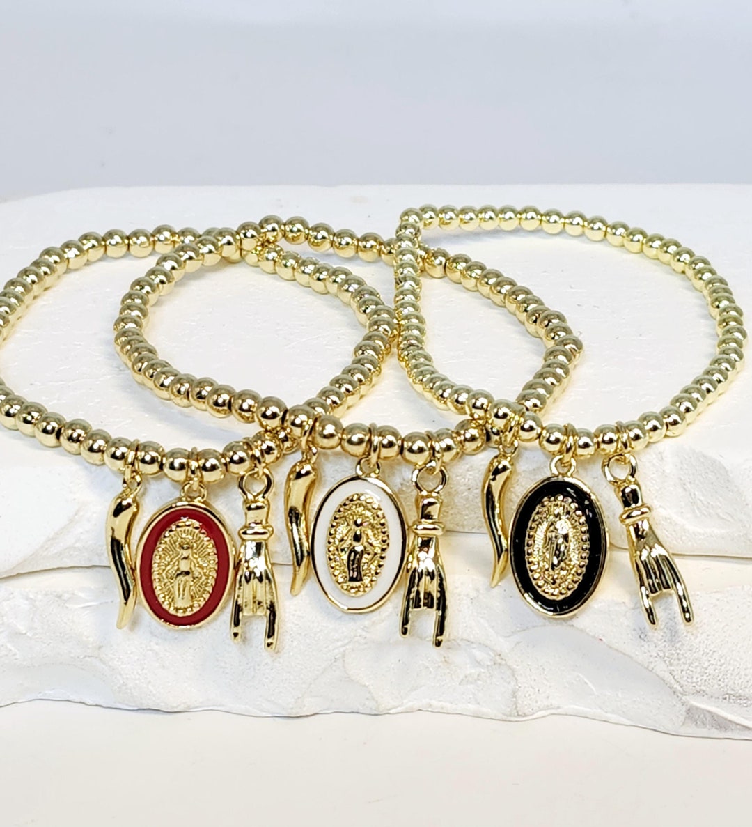 Dainty Italian Horn Hand Protection Gold Beaded Stacking Charm Bracelet ...