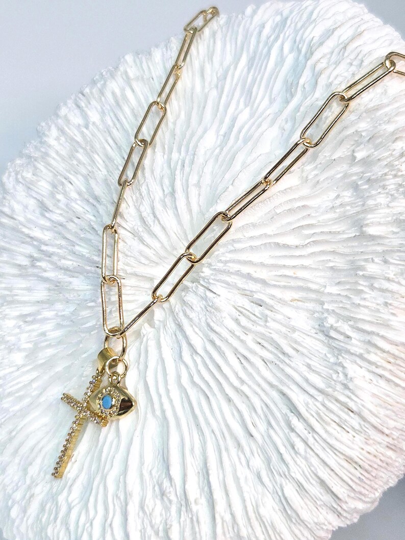 Gold Cross and Evil Eye Paperclip Chain Necklace Spiritual Amulet for ...