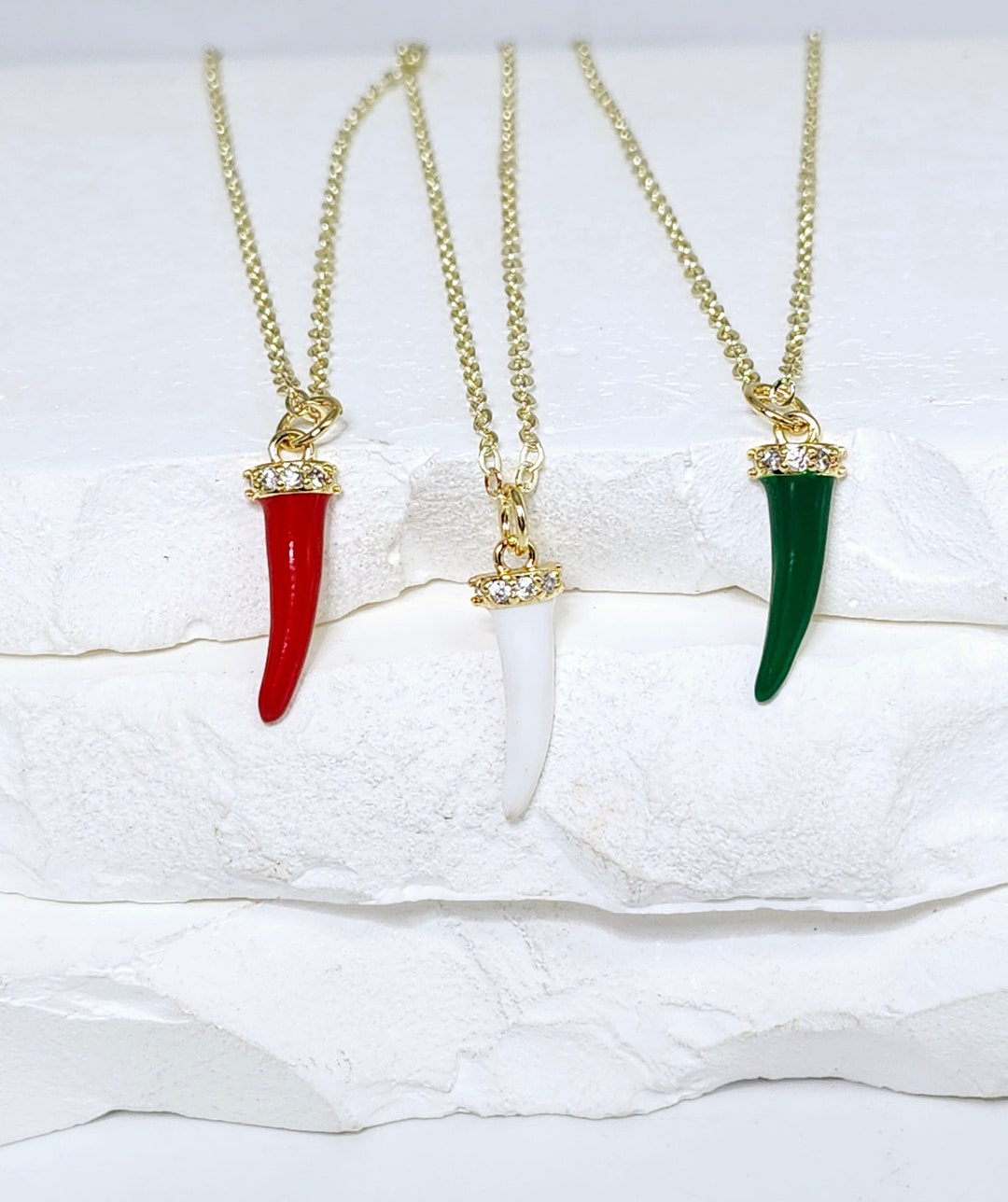 Good Luck Italian Cornicello Horn Gold Charm Necklace Italia Flag ...