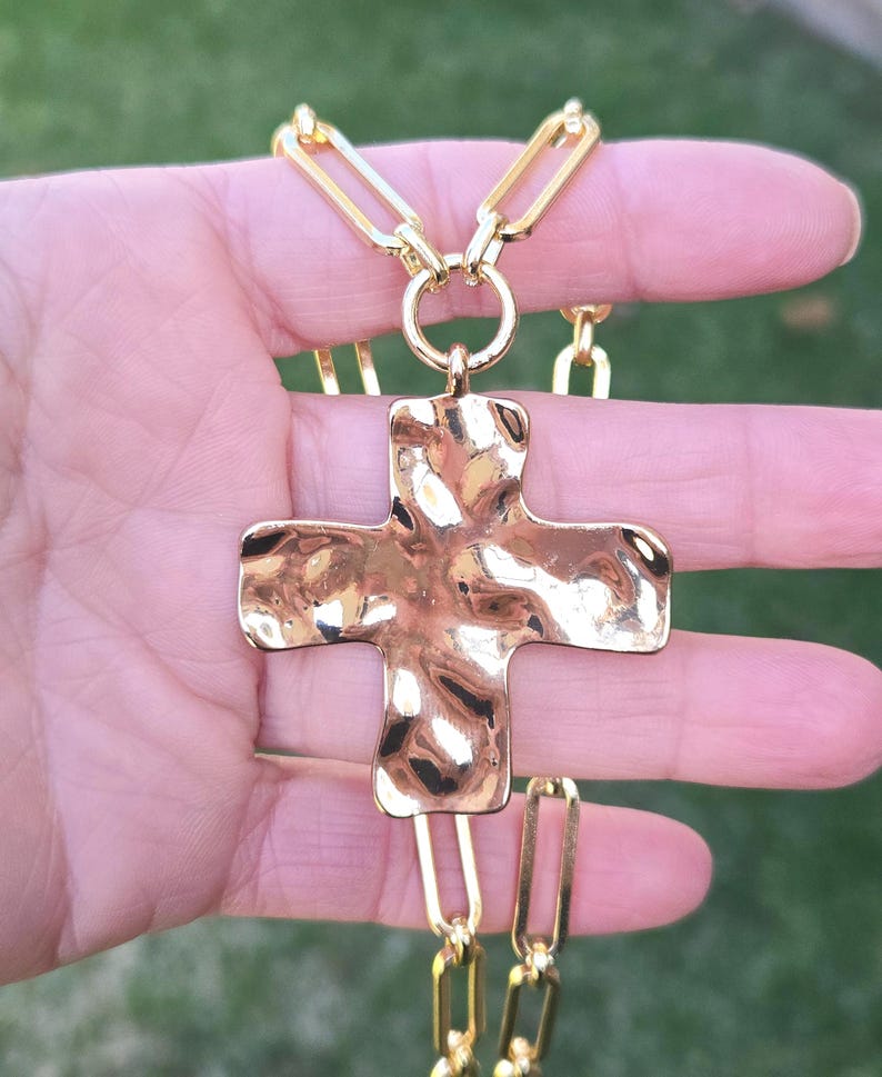Large Gold Hammered Cross Necklace Paperclip Chain Modern Christian ...