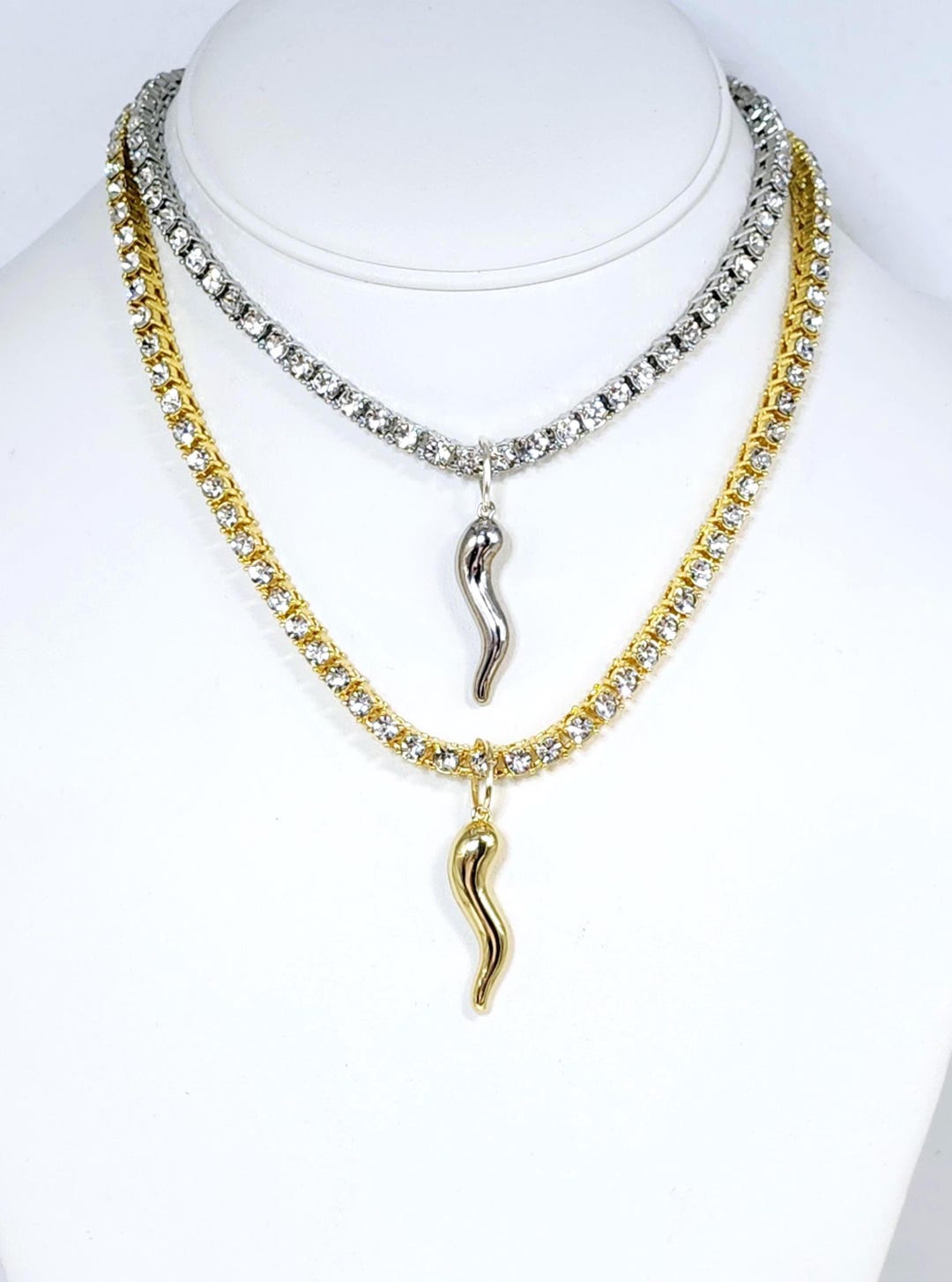 Italian Horn Rhinestone Tennis Necklace: Gold Plated Good Luck Charm - Etsy