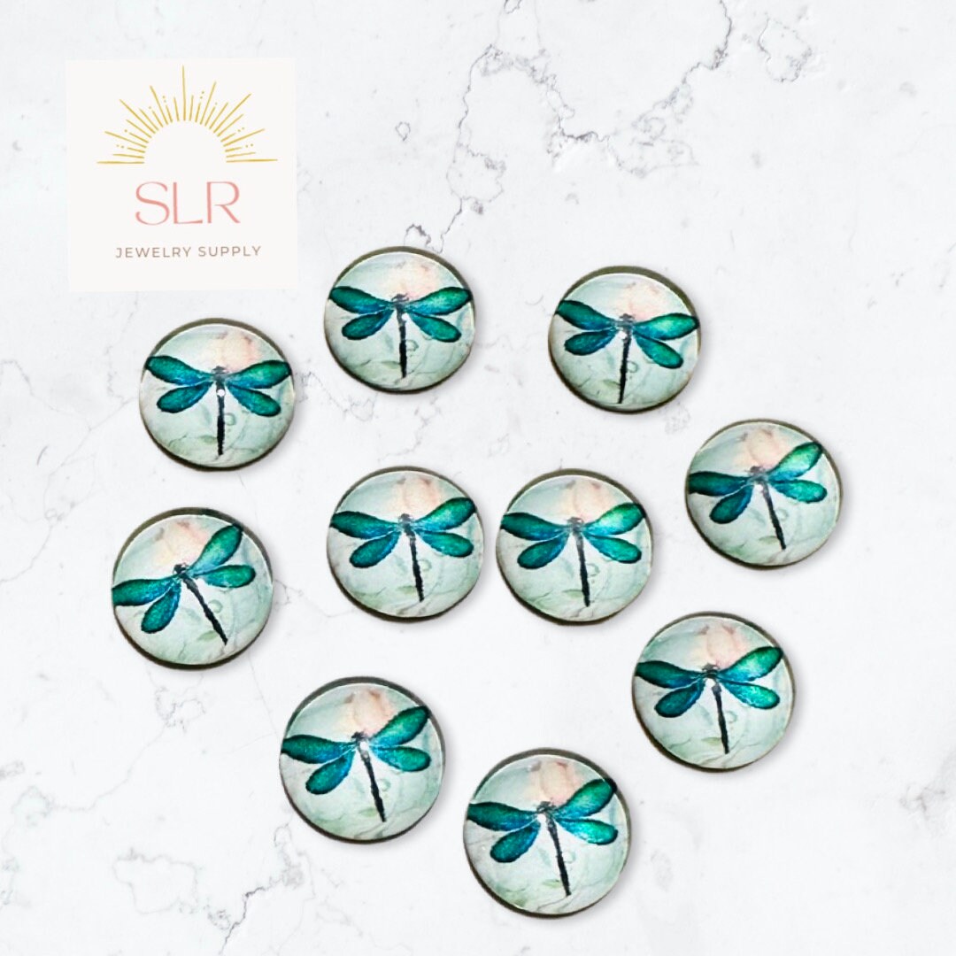 12mm Teal Dragonfly on Cream Background Round Glass Cabochons DIY ...