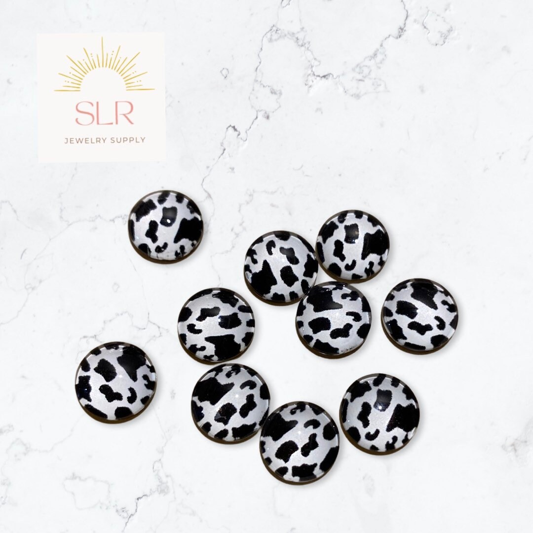 8mm/10mm Black and White Cow Print Round Glass Cabochons DIY Jewelry ...