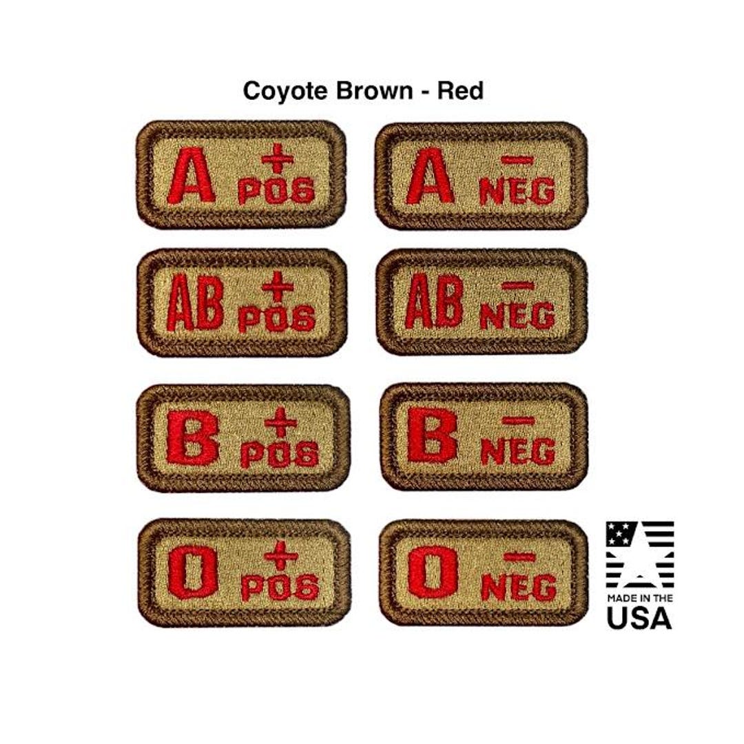 Coyote Brown Blood Type 1X2 Hook Back Embroidered Patches, Morale Patch ...