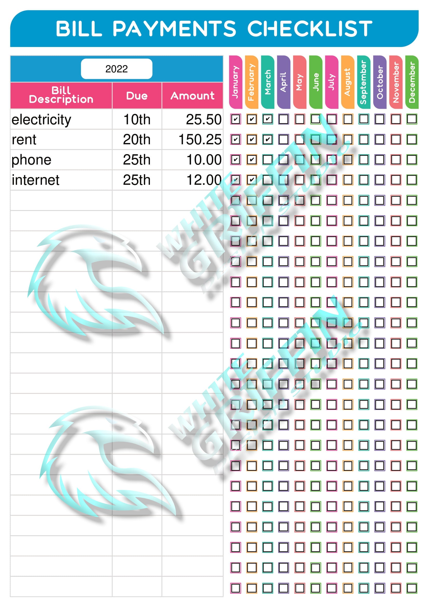 Bill Payments Checklist Printable Fillable Payment Organizer - Etsy