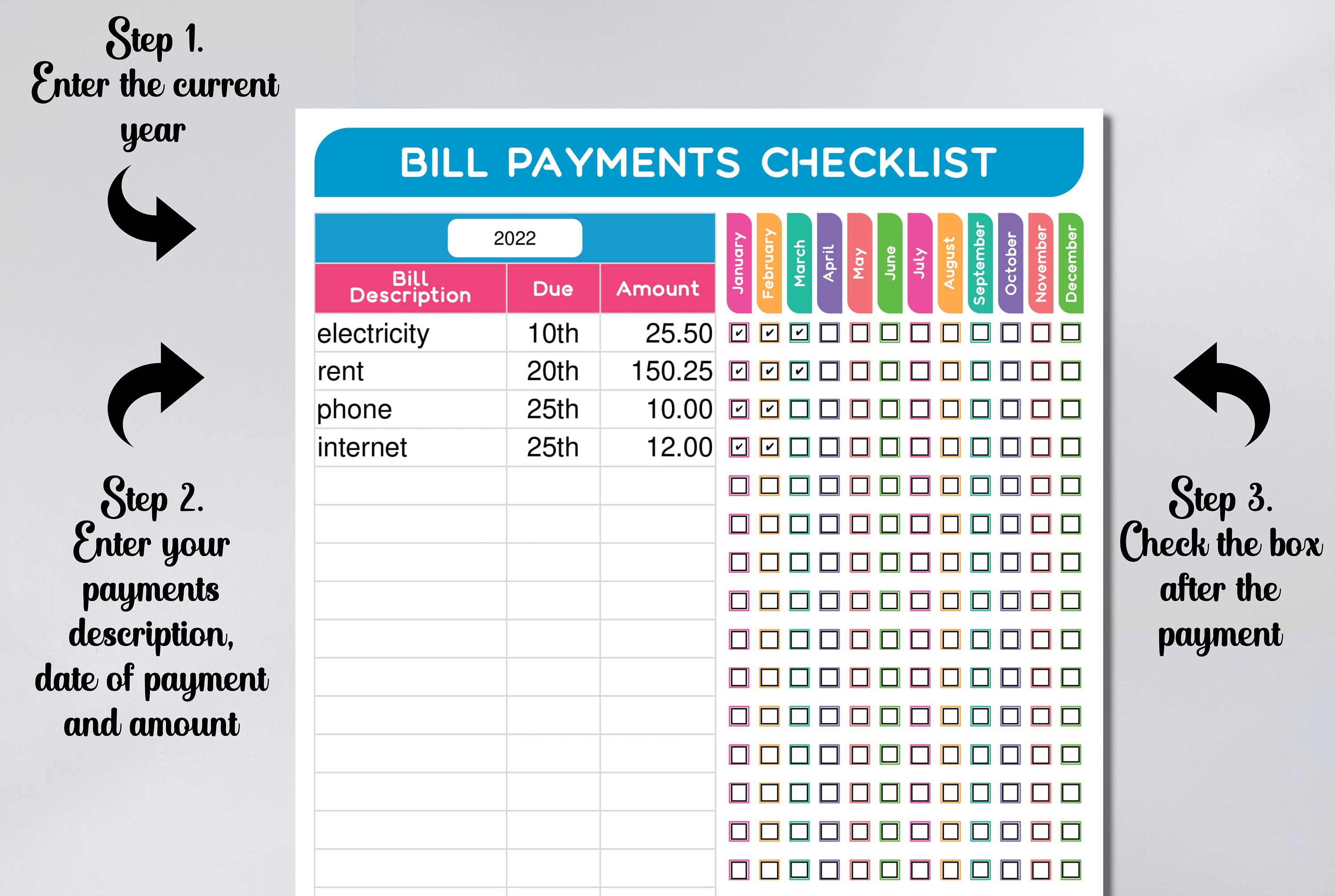 Bill Payments Checklist Printable Fillable Payment Organizer - Etsy