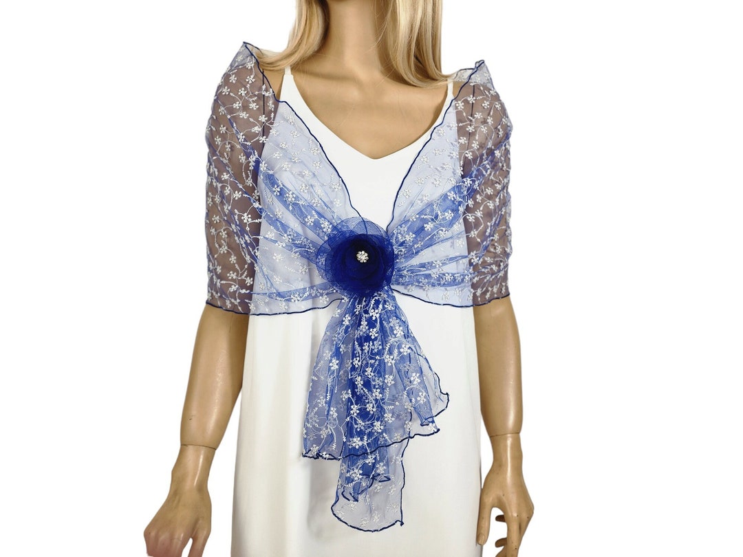 Blue Tulle Stole Shawl, Blue Floral Wrap Shrug, Hands Free Shawl, Blue ...