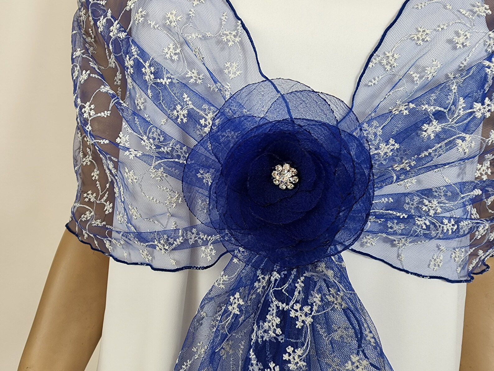 Blue Tulle Stole Shawl, Blue Floral Wrap Shrug, Hands Free Shawl, Blue ...
