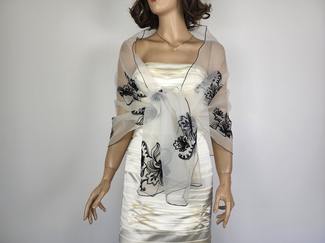 White and Black Shawl, Tulle Evening Shawl, Black Velvet Design Tulle ...