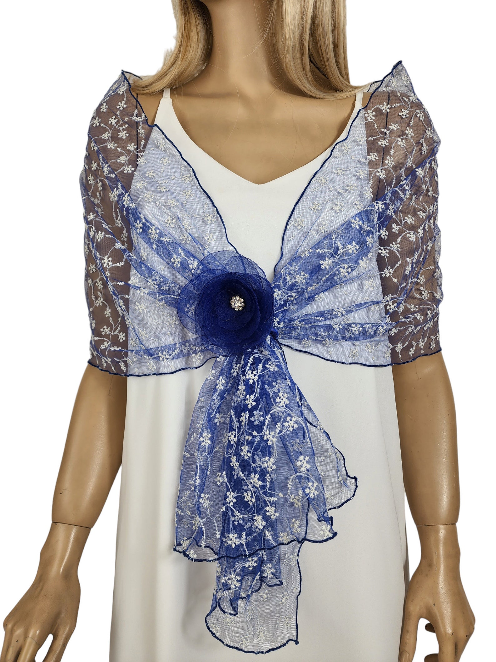 Blue Tulle Stole Shawl, Blue Floral Wrap Shrug, Hands Free Shawl, Blue ...