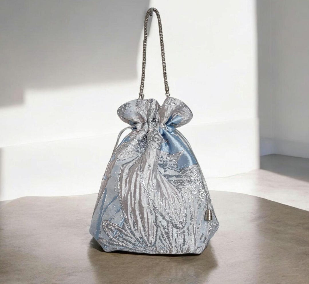 Silver Potli Bag, Silver Gray Drawstring Purse Bag, Wristlet Bag Clutch ...