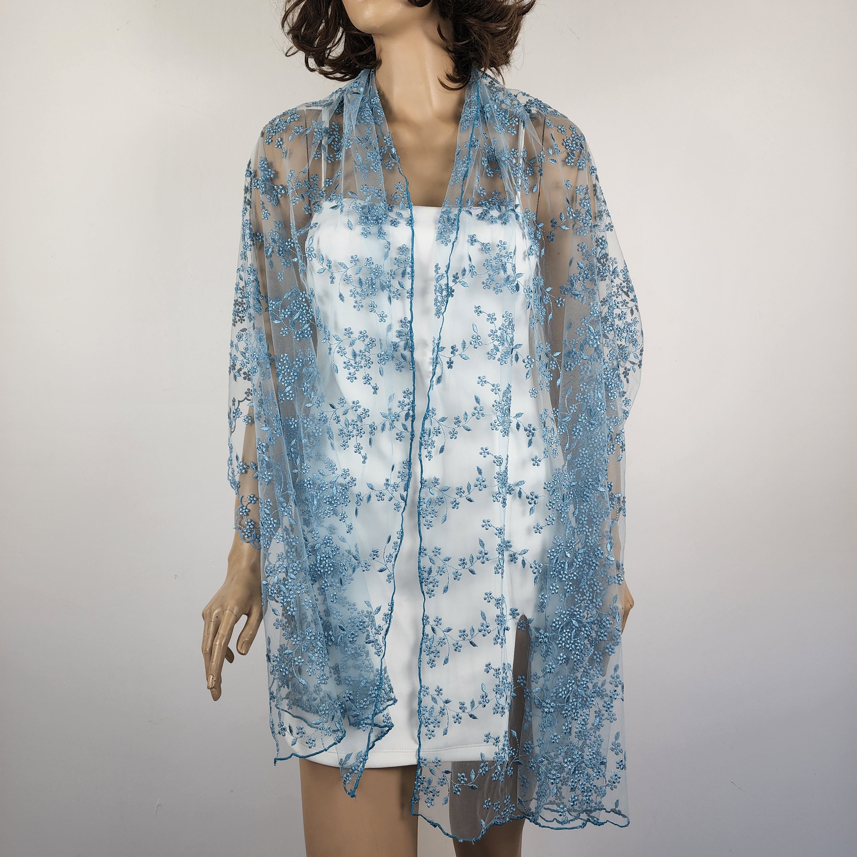Blue Tulle Stole Shawl, Blue Floral Wrap Shrug, Hands Free Shawl, Blue ...