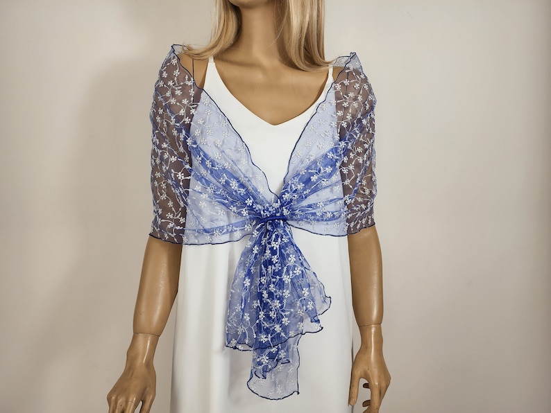 Blue Tulle Stole Shawl, Blue Floral Wrap Shrug, Hands Free Shawl, Blue ...