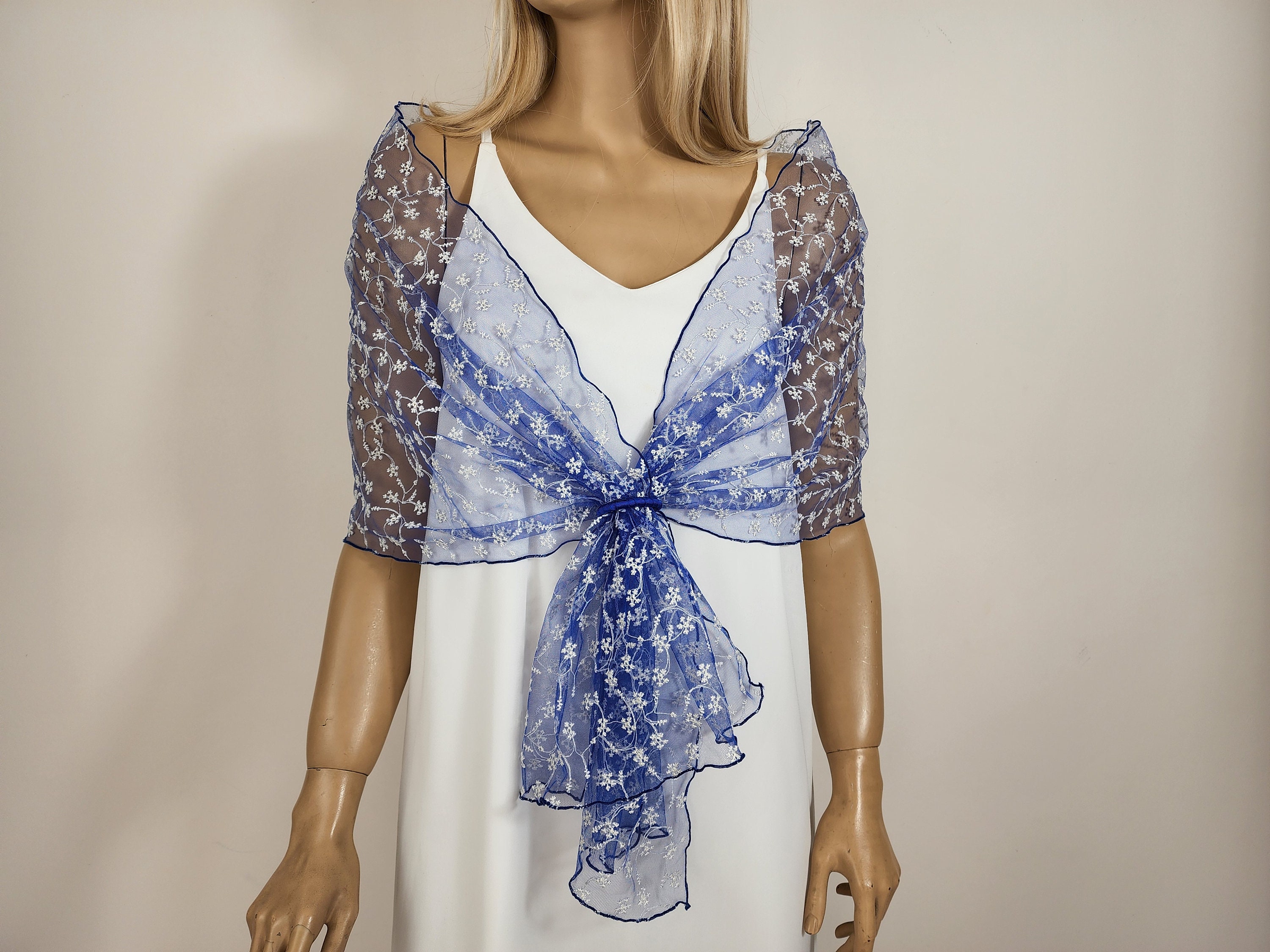 Blue Tulle Stole Shawl, Blue Floral Wrap Shrug, Hands Free Shawl, Blue ...