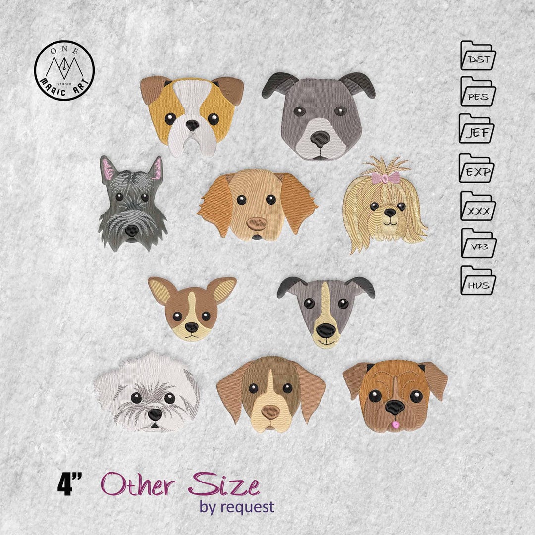 10 Cute Dog Head Patterns Digital Embroidery Design File, Animal ...
