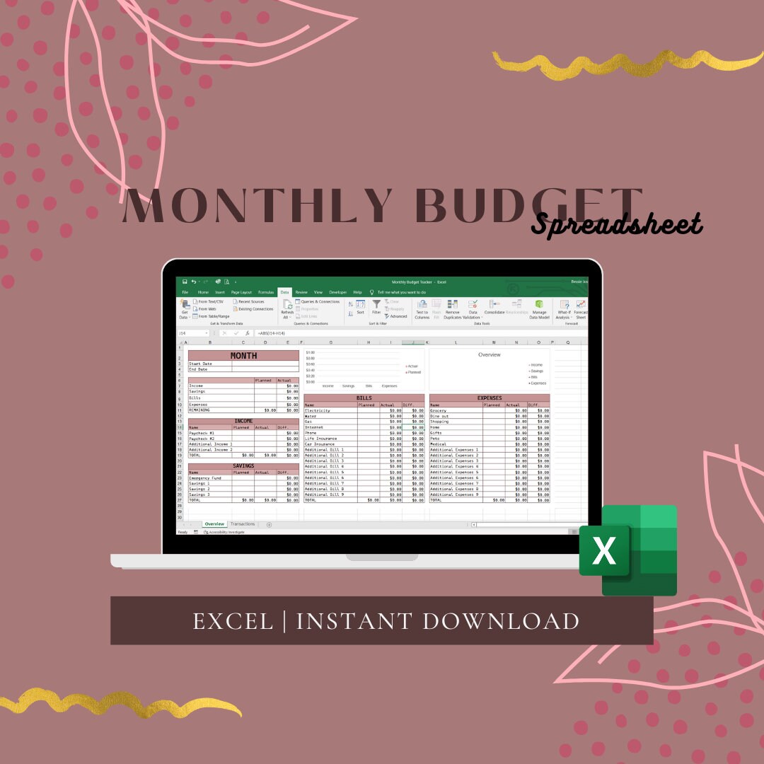 Monthly Budget Tracker Template Microsoft Excel - Etsy