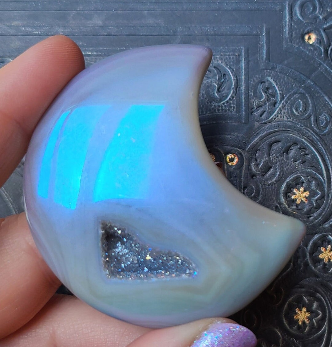 Angel Aura Agate Moon With Druzy High Quality 52g - Etsy