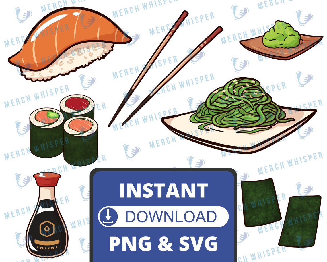15 Sushi SVG Bundle for Print on Demand, Japanese Food Clipart, Asian ...