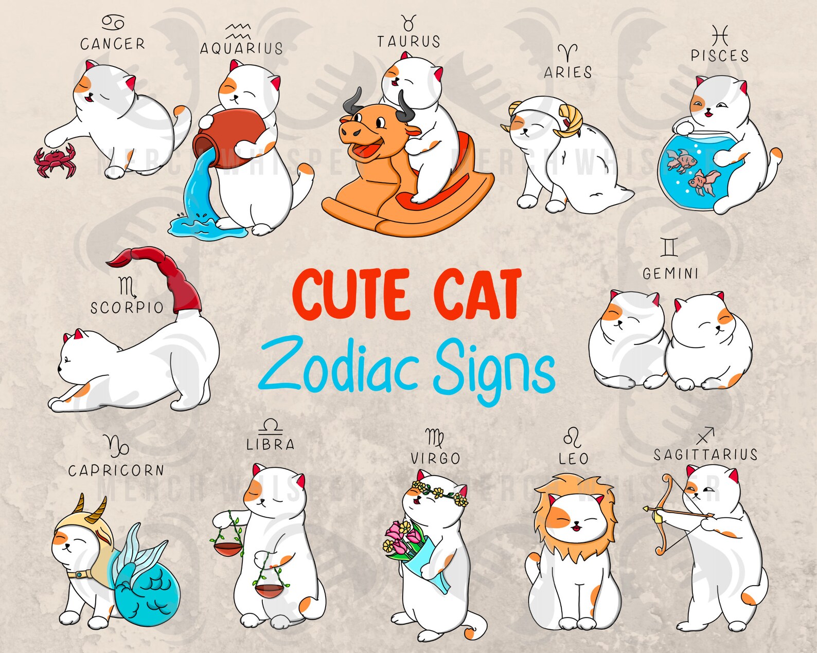 12 Cat Zodiac Sign SVG Bundle, Cute Animal Horoscope PNG, Astrology ...