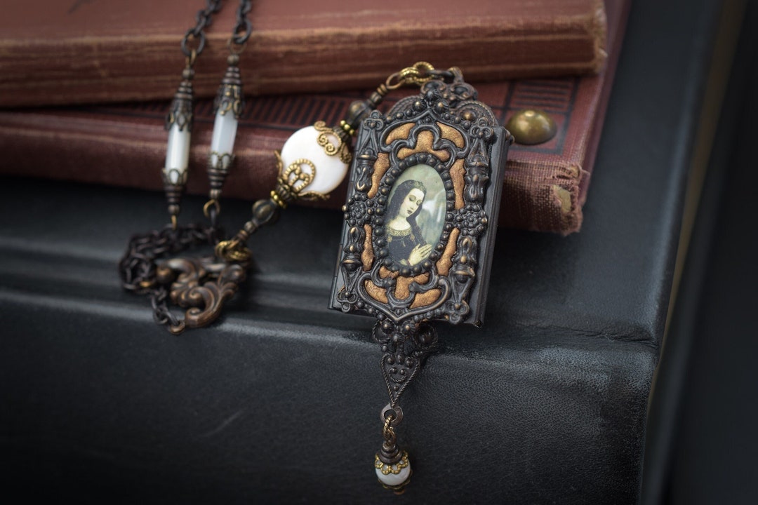 Handmade Gothic Madonna Locket Necklace, Hand-oxidized Brass Book ...