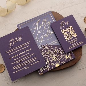 Luxury Purple & Gold Wedding Invitation - Acrylic and Gold Foil Elegant ...