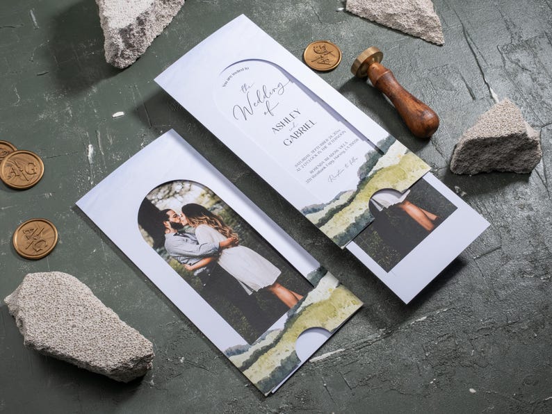 Slide Wedding Invitation With Photo | Pull Tab Custom Invite ...