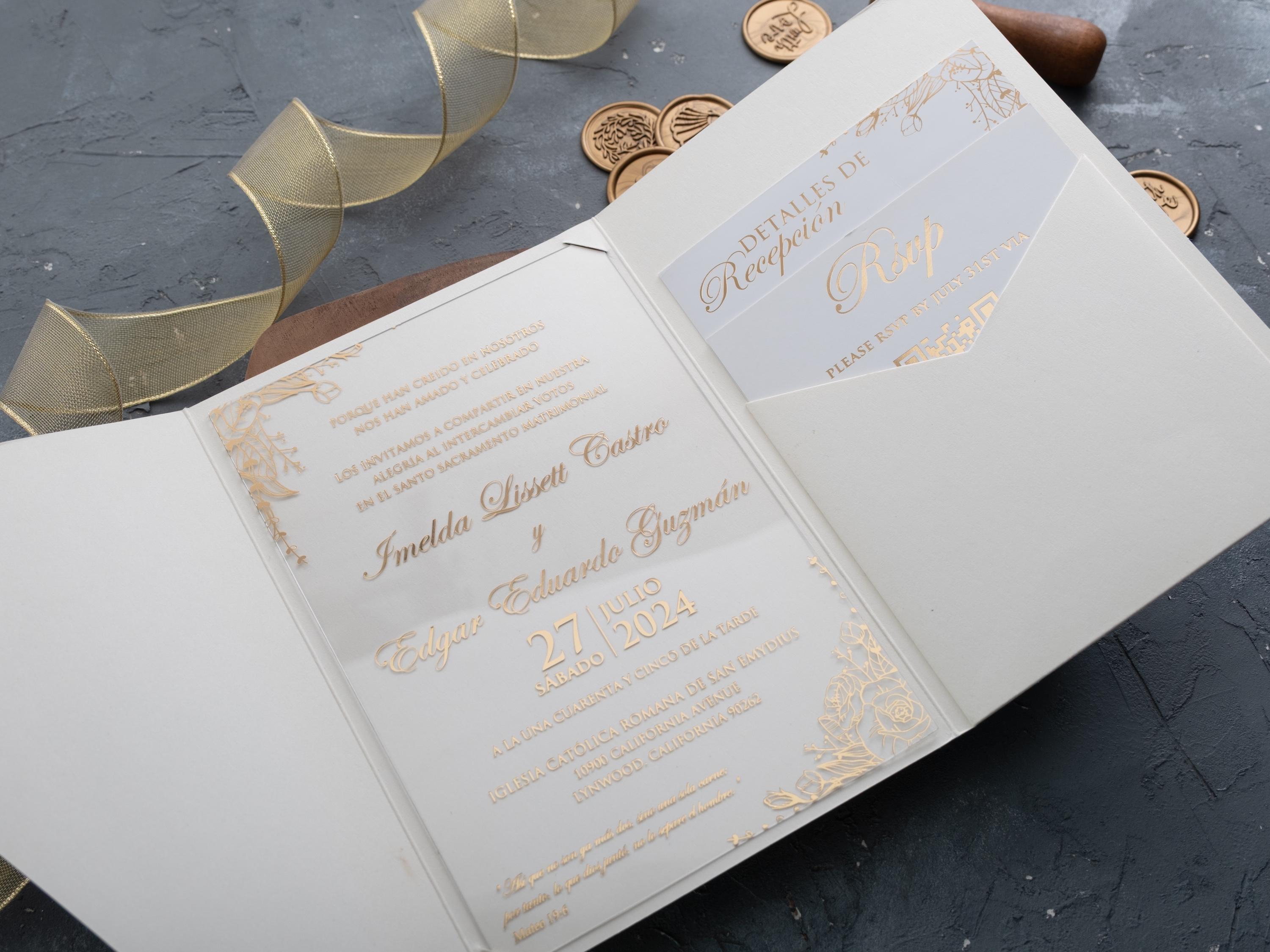 Spanish Acrylic Wedding Invitation | Gold Script Floral, Catholic ...