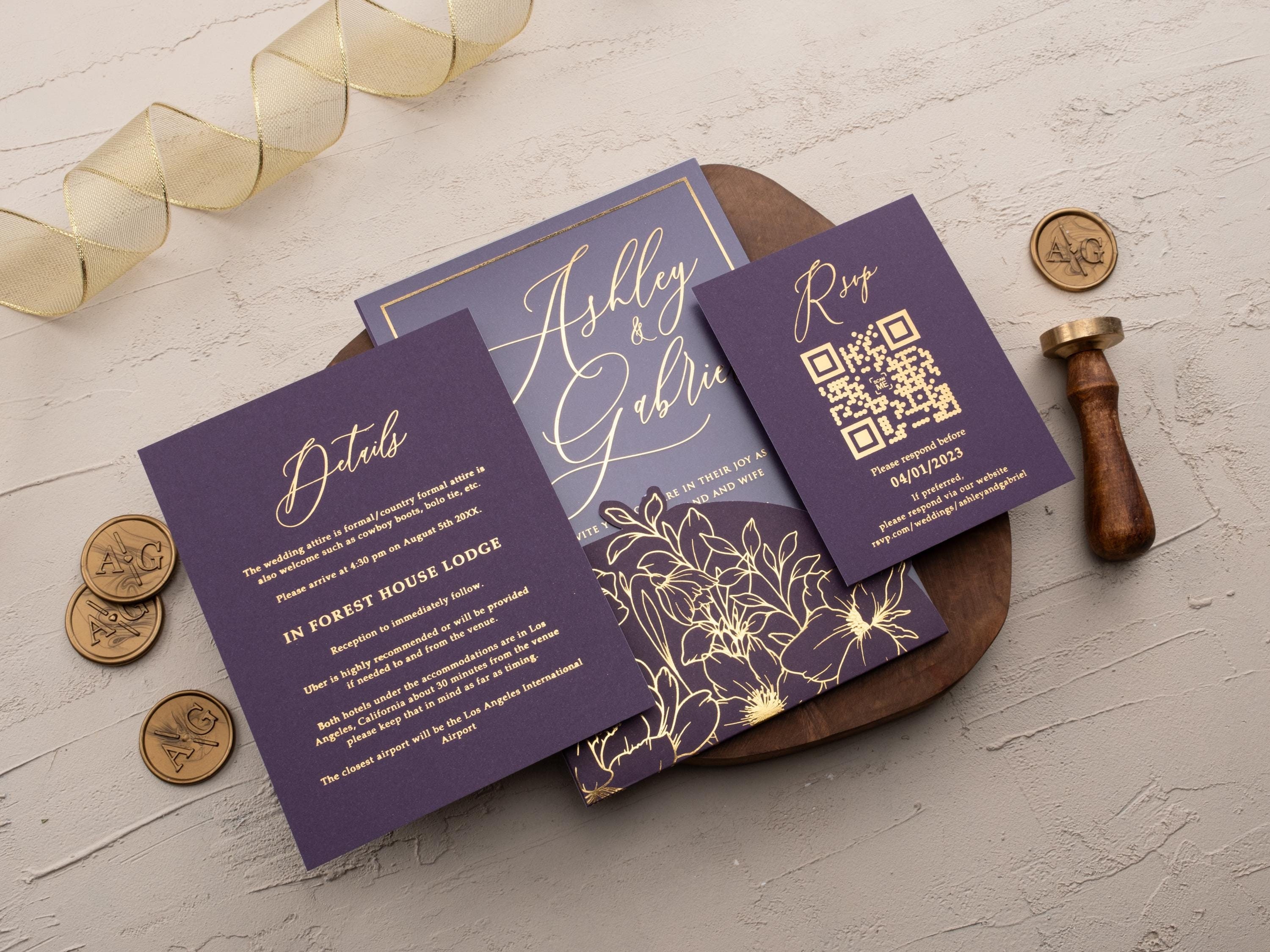 Luxury Purple & Gold Wedding Invitation - Acrylic and Gold Foil Elegant ...