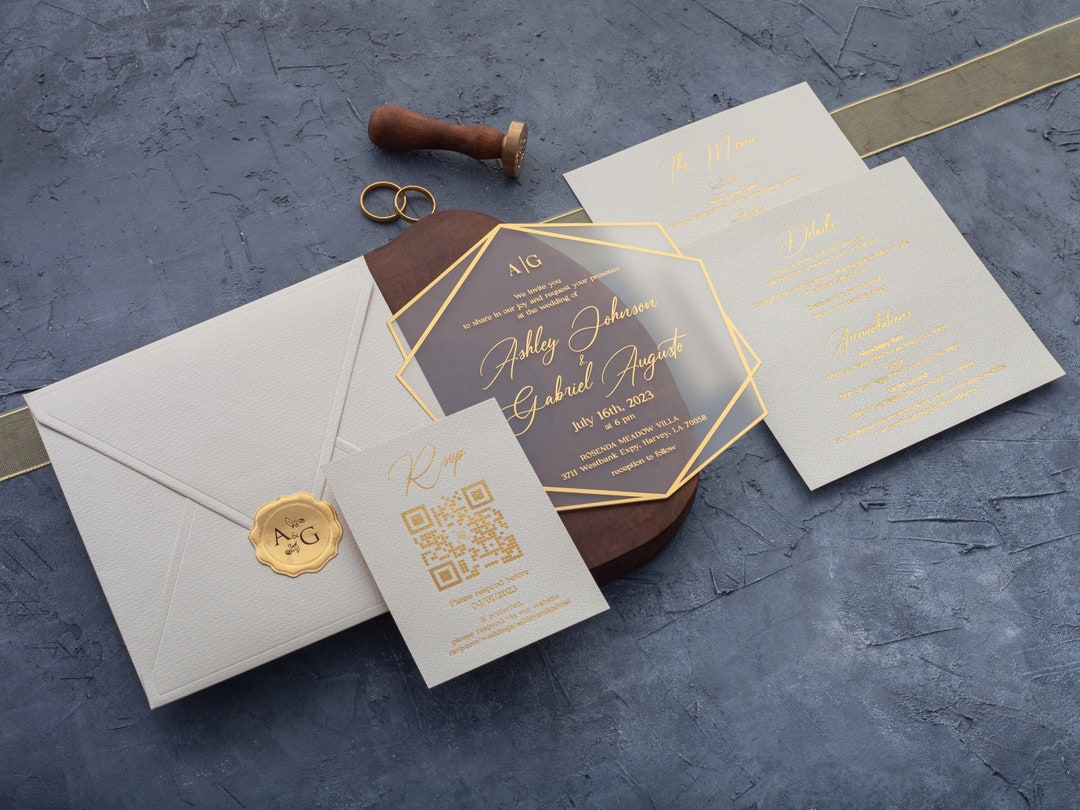 Acrylic Ivory & Gold Wedding Invitations With Gold Foil, Elegant ...