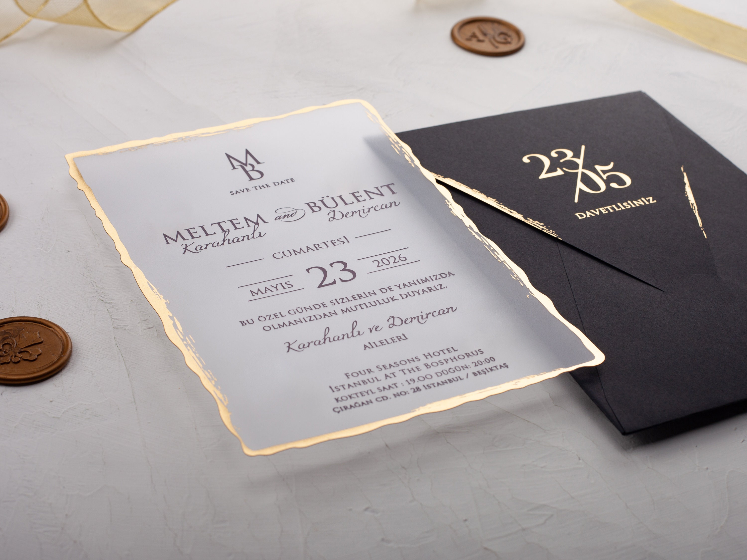 Black and Gold Acrylic Wedding Invitation, Deckled Egde Wedding Invite ...