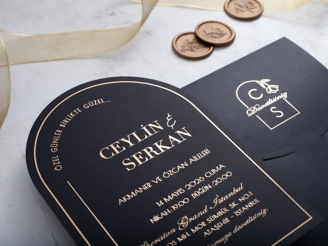Arch Black Wedding Invitation, Gold Foil Printed Black Invite, Luxury ...