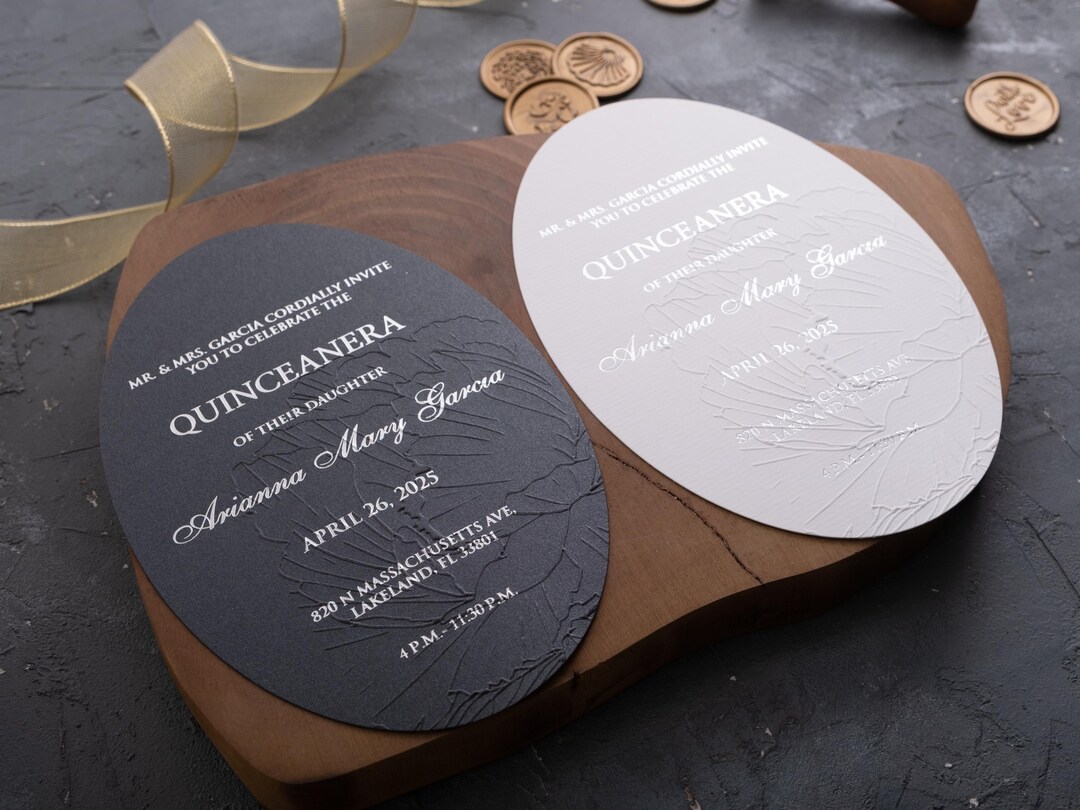Quinceanera Invitation | Silver Foil Oval Card With Embossed Flowers - Etsy