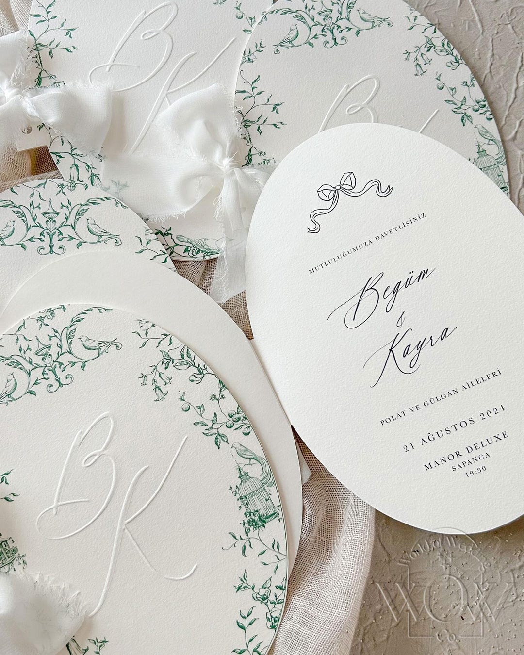 Oval Wedding Invitation Green Floral Toile De Jouy Invite, Vintage ...