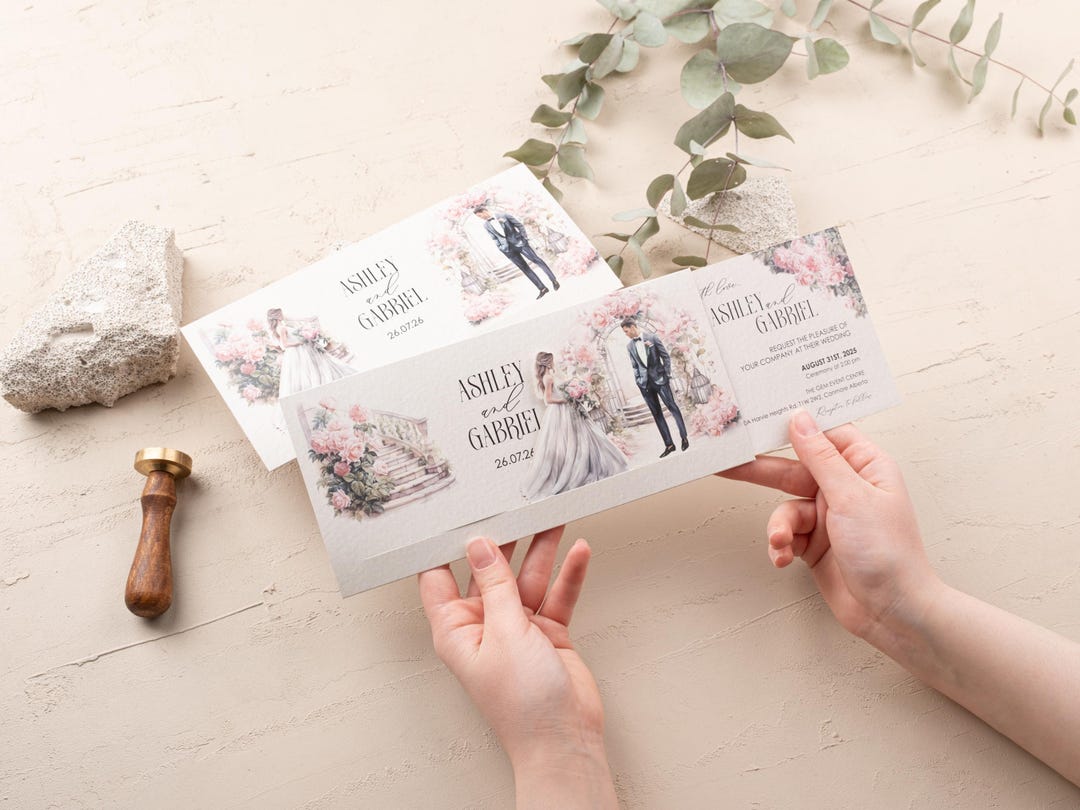 Floral Slide-out Wedding Invitation – Romantic Couple Illustration ...