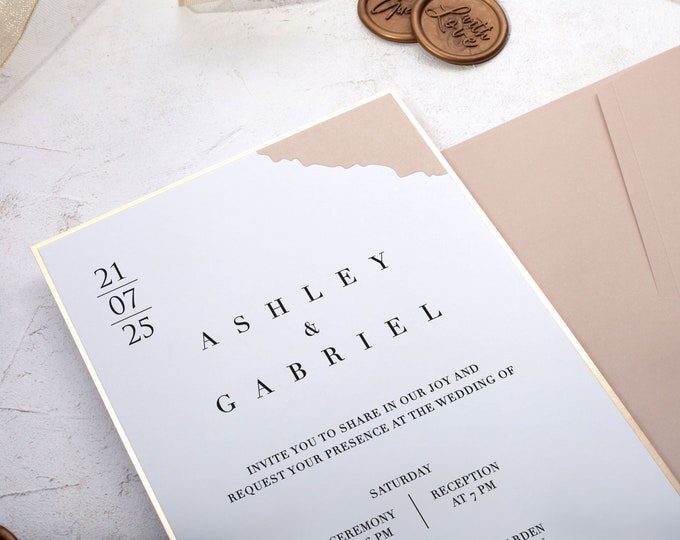 Wedding Invitation Gold Foil Deckle Edge Invitations Minimalist Design ...