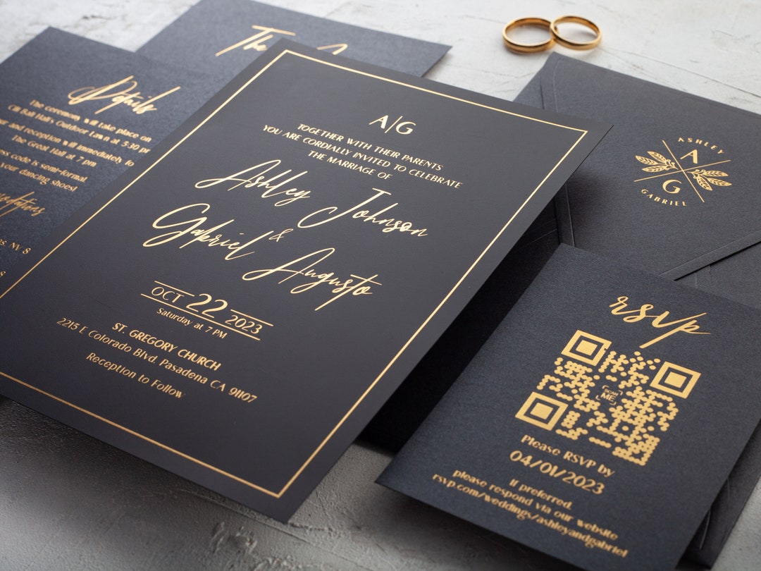 Black Wedding Invitation, Black and Gold Invitation Set, Black Acrylic ...