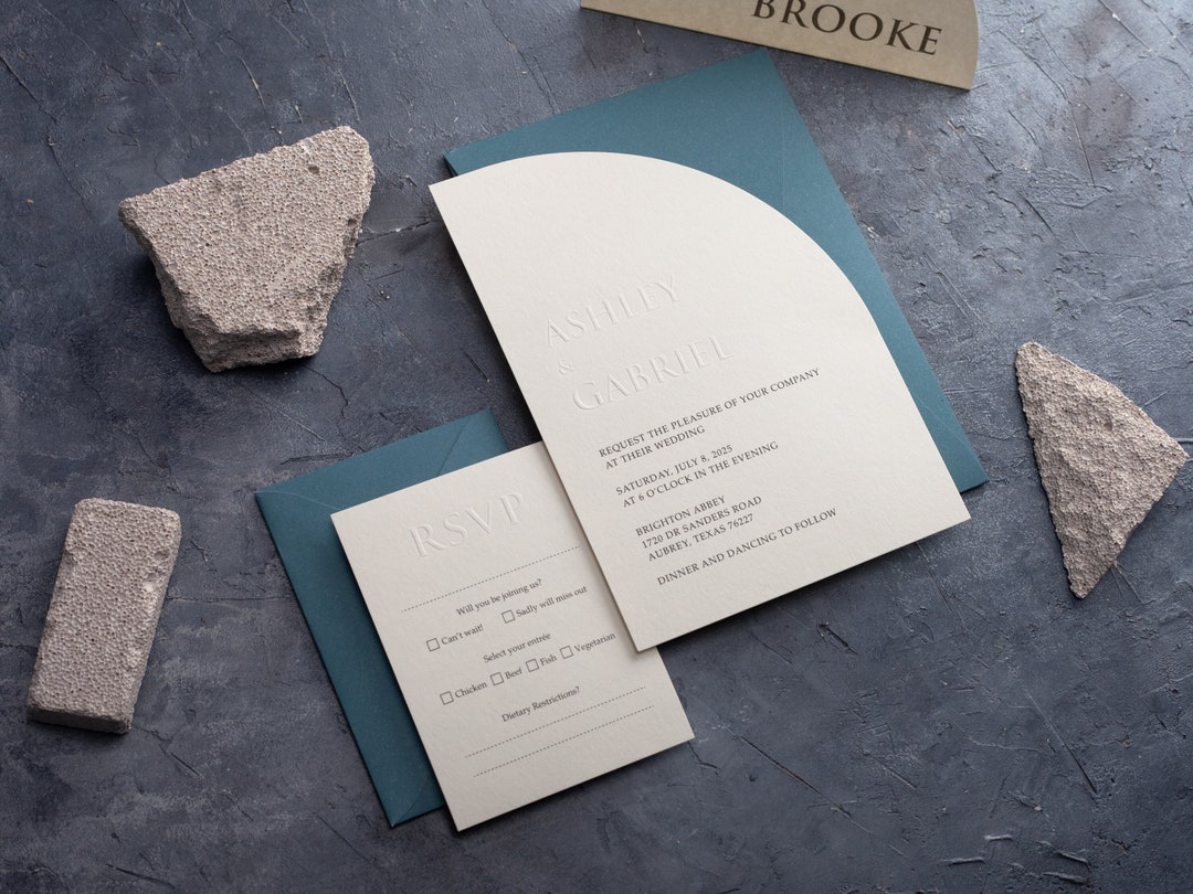 Half Arch Embossed Wedding Invitation With Dusty Blue Envelope, Modern ...