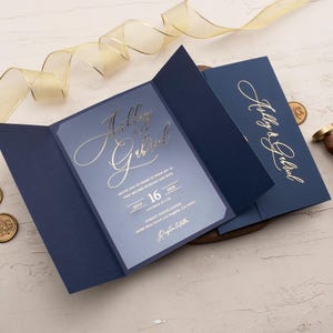 Navy Blue and Gold Wedding Invitation Box | Luxury Acrylic Trifold ...