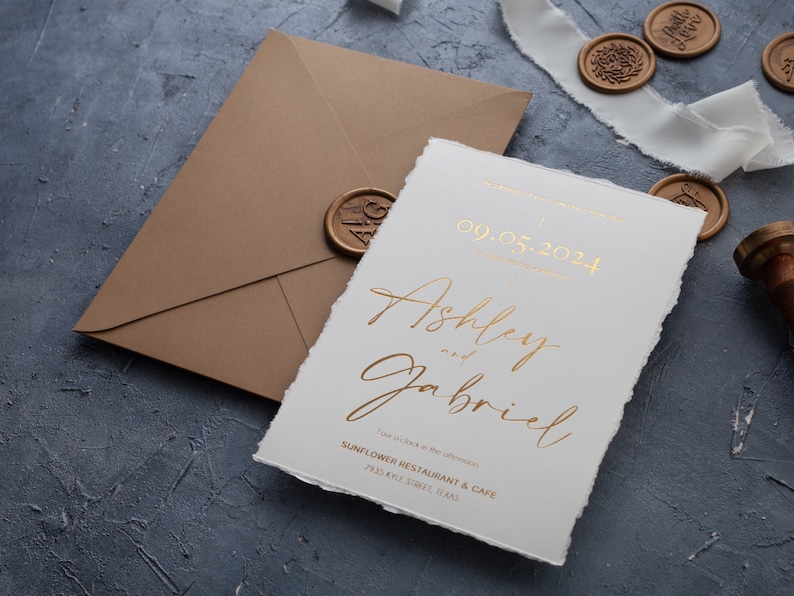 Elegant Deckled Edge Wedding Invitation With Gold Foil and Wax - Etsy