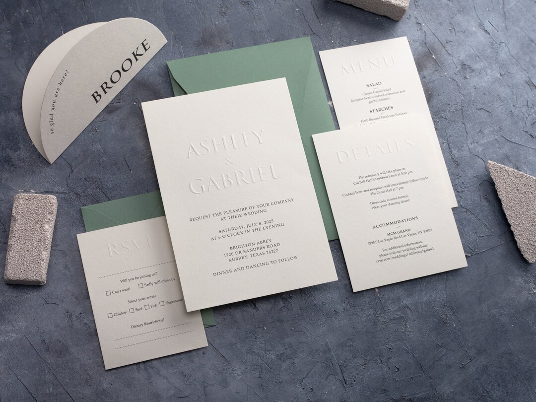 Embossed Wedding Invitation With Sage Green Envelope, Modern ...