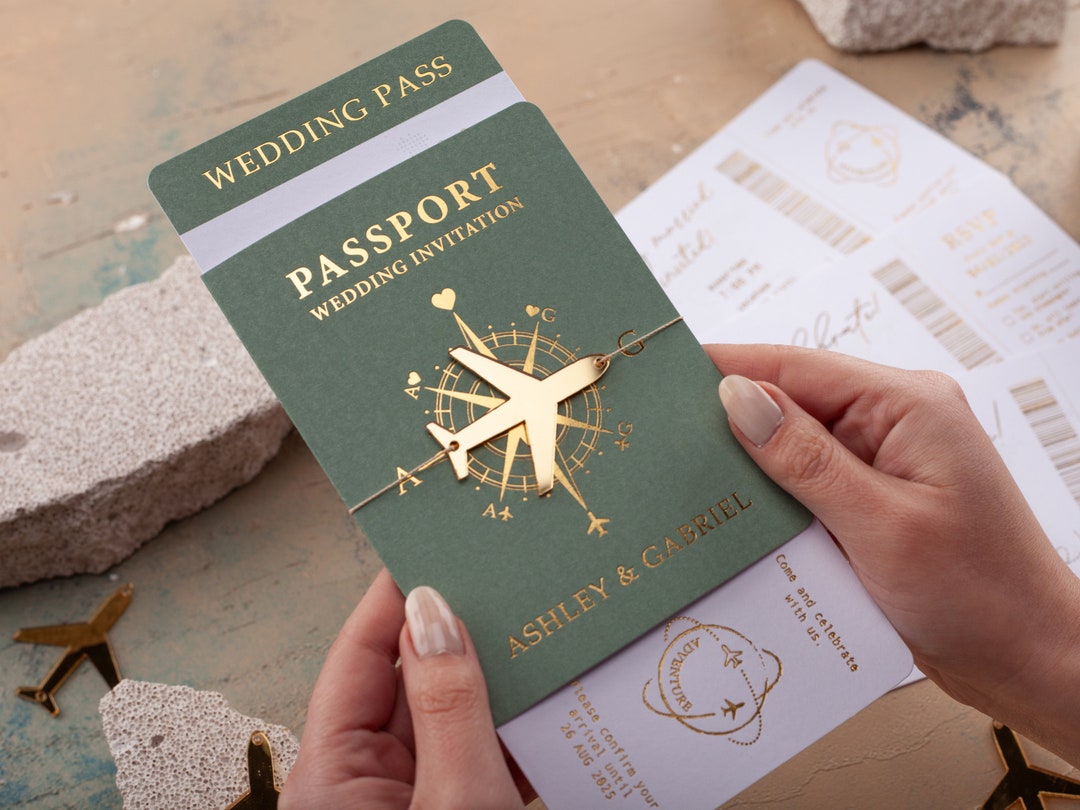 Sage Green Wedding Passport Invitation, Boarding Pass Ticket, Gold Foil ...