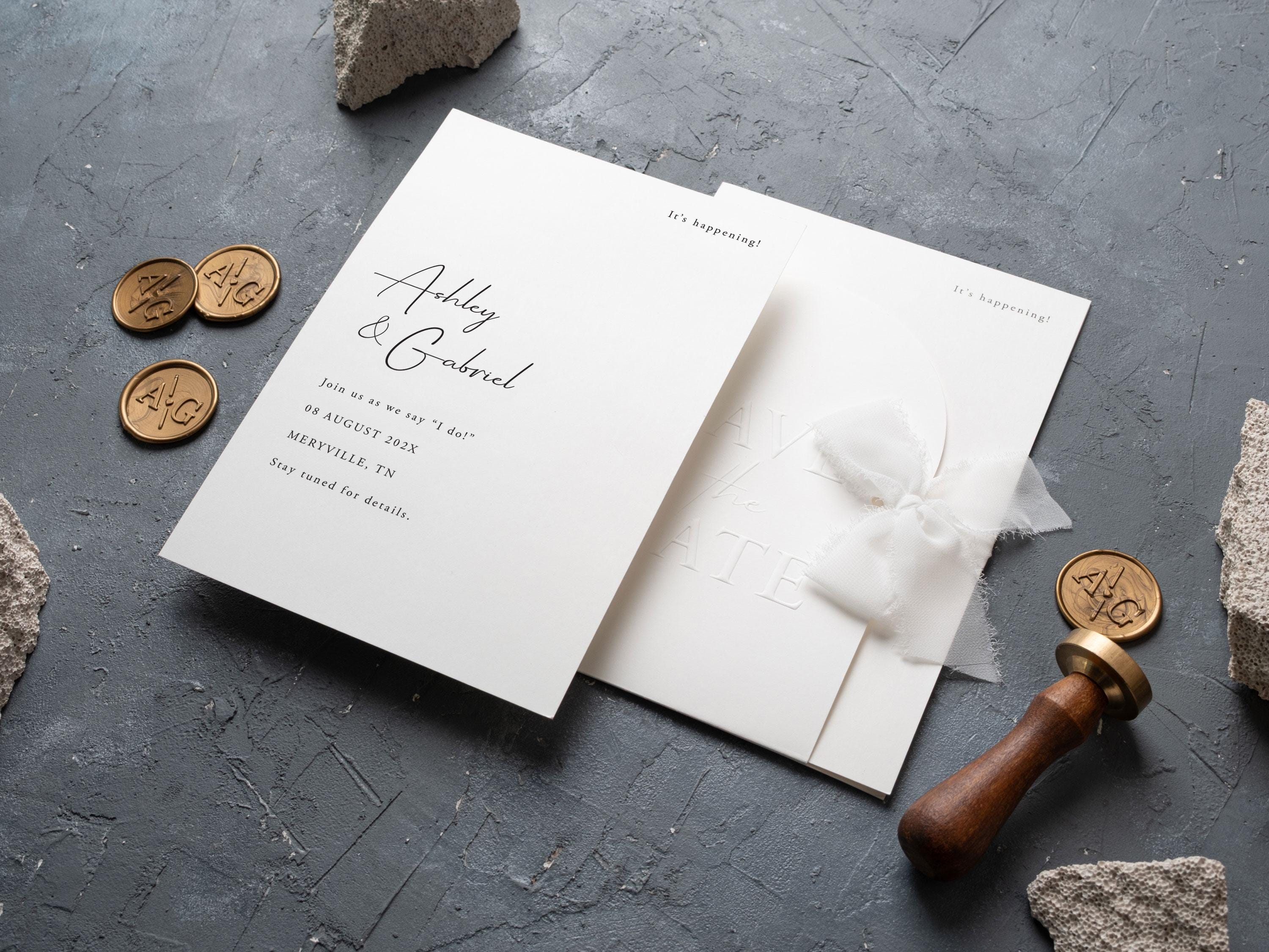 Embossed Save the Date – Minimalist Wedding Card With White Ribbon ...