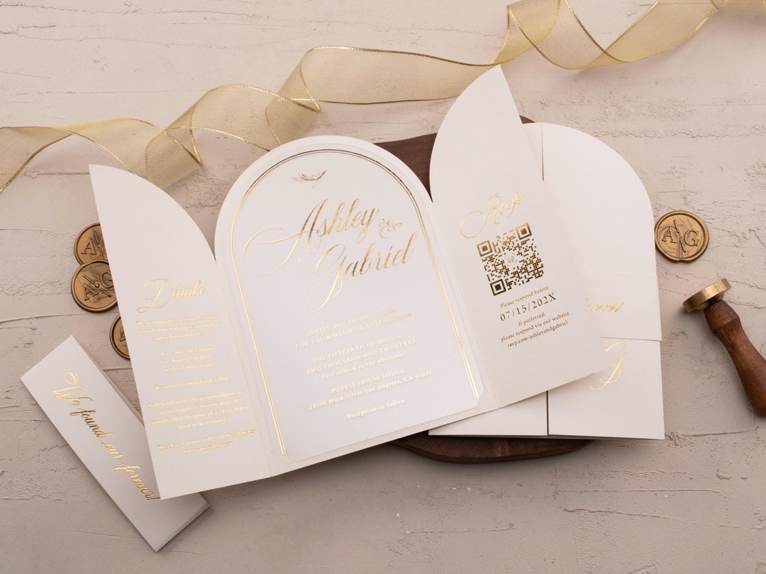 Ivory and Gold Arch Wedding Invitation Gatefold Acrylic Wedding Invitations Elegant Gold Foil ...