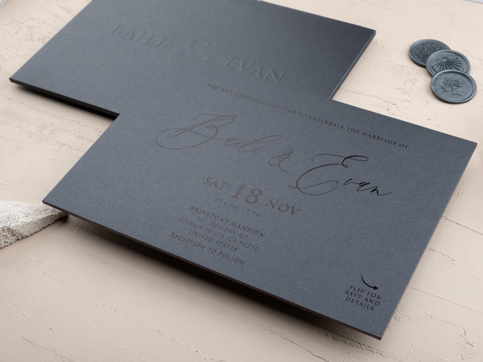 Black Wedding Invitation, Black Foil on Black Paper, Dark Wedding ...