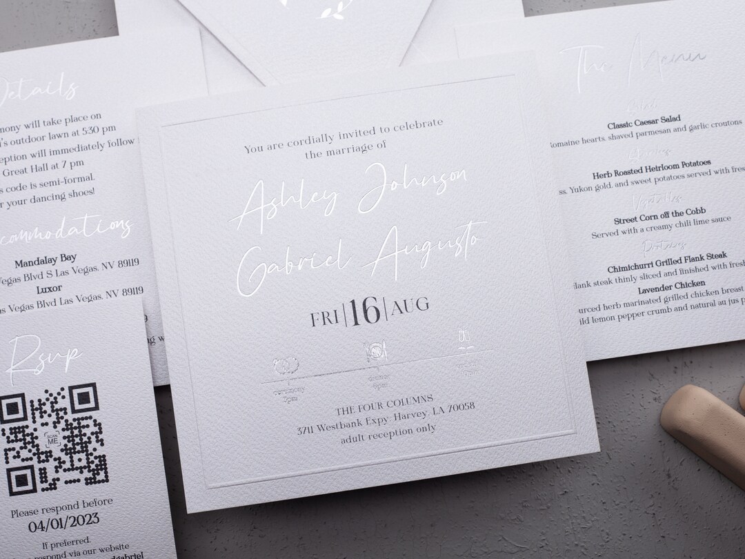 White Wedding Invitation Silver Foil on White Paper White - Etsy